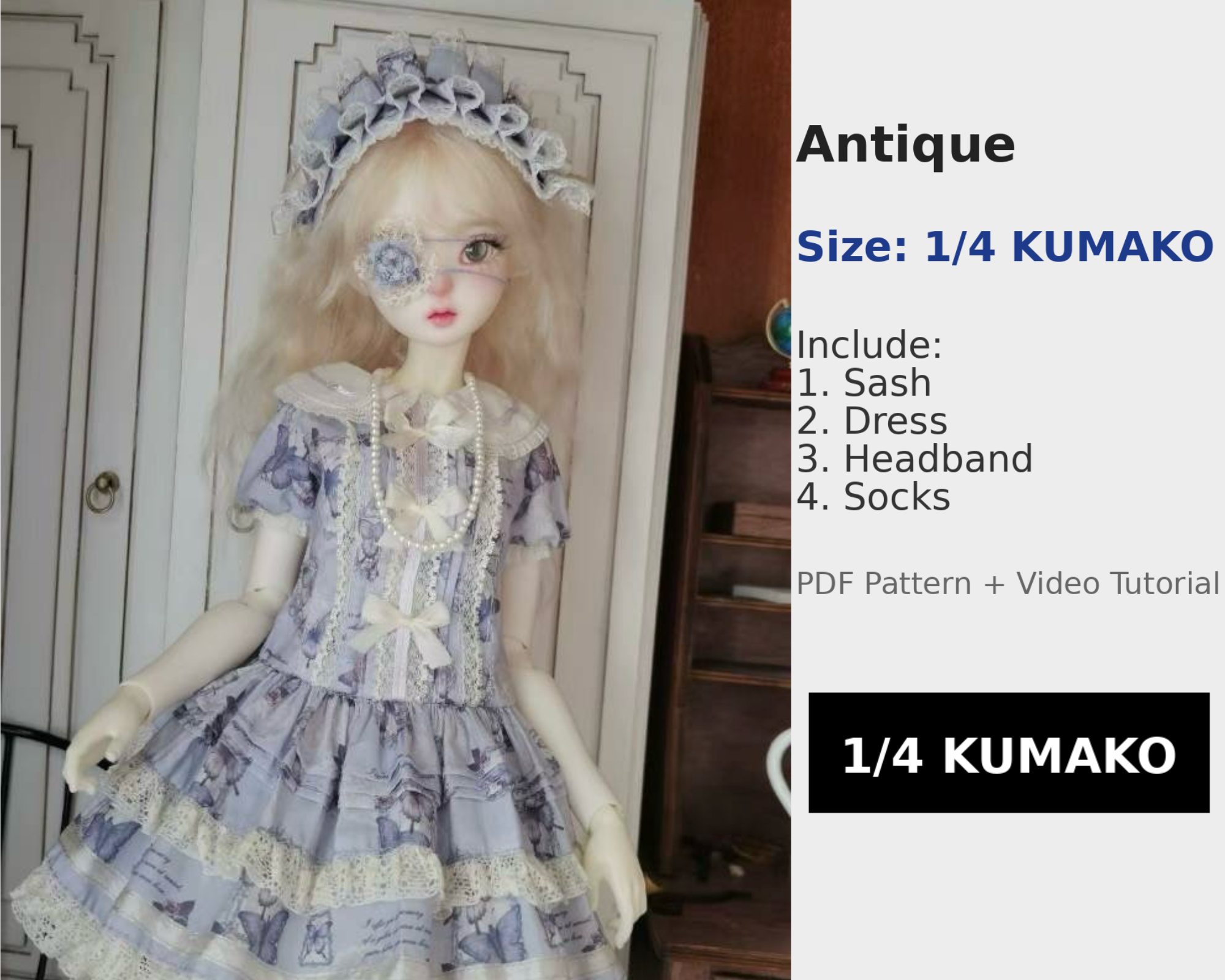 阿彩 1/4 KUMAKO BJD Doll Dress Pattern -Antique-include 5mm seam allowan ...