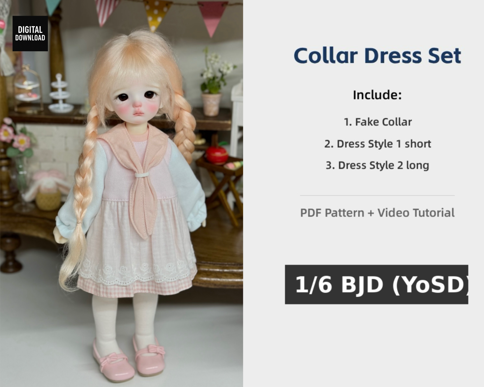 果果 1/6 BJD Doll Dress Pattern - Dress and fake collar set- seam allowa ...